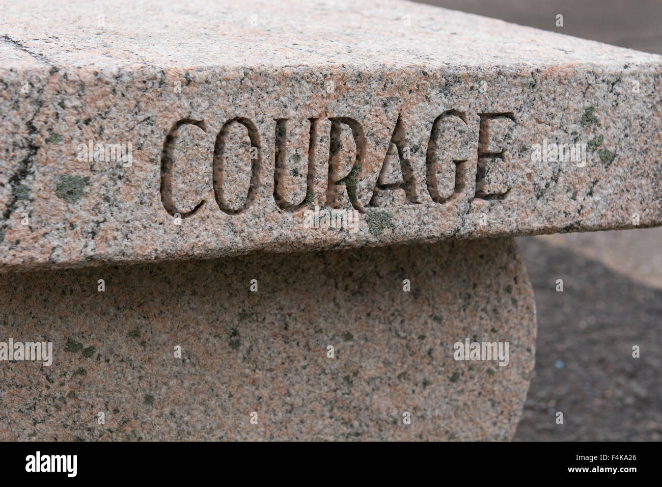New York, West Point, Trophy Point. Carved "courage " on stone bench ...