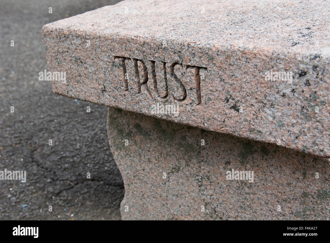 New York, West Point, Trophy Point. Carved "trust " on stone bench ...