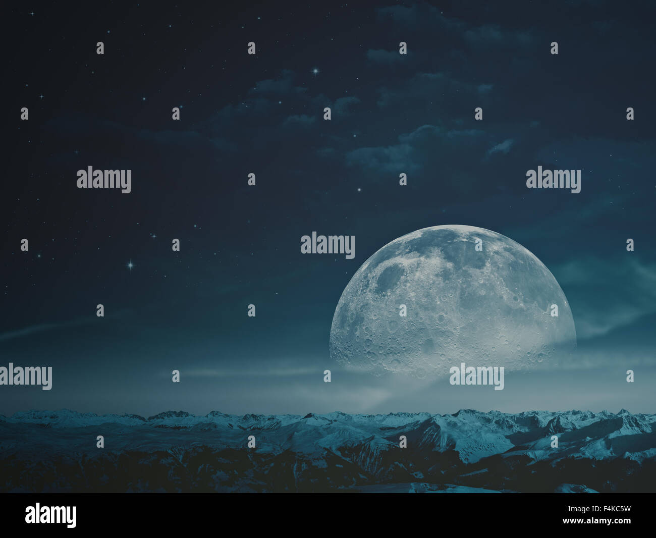 Foggy night with beauty Moon over snowy mountains. NASA imagery used ...