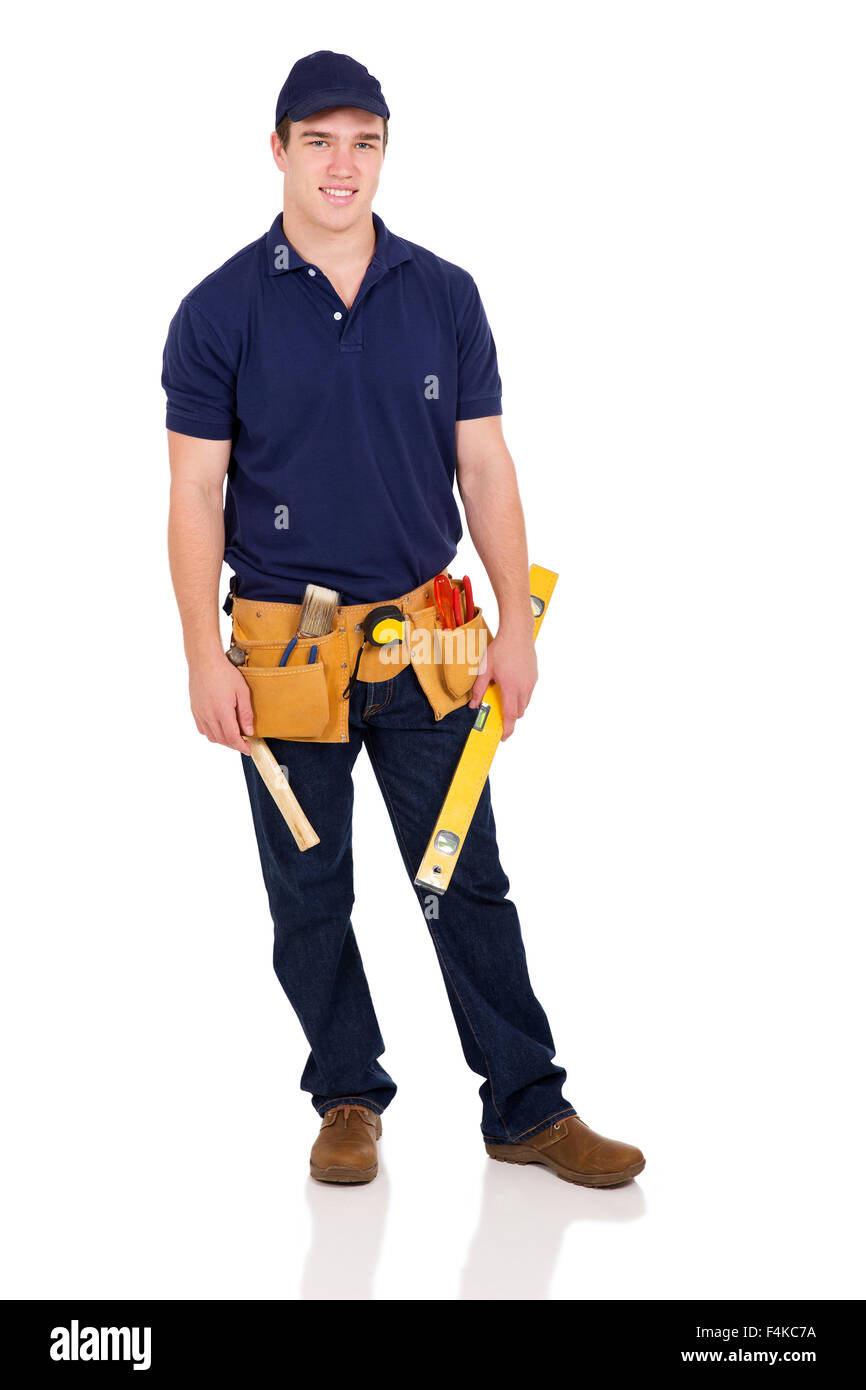 young builder holding a level isolated on white Stock Photo - Alamy
