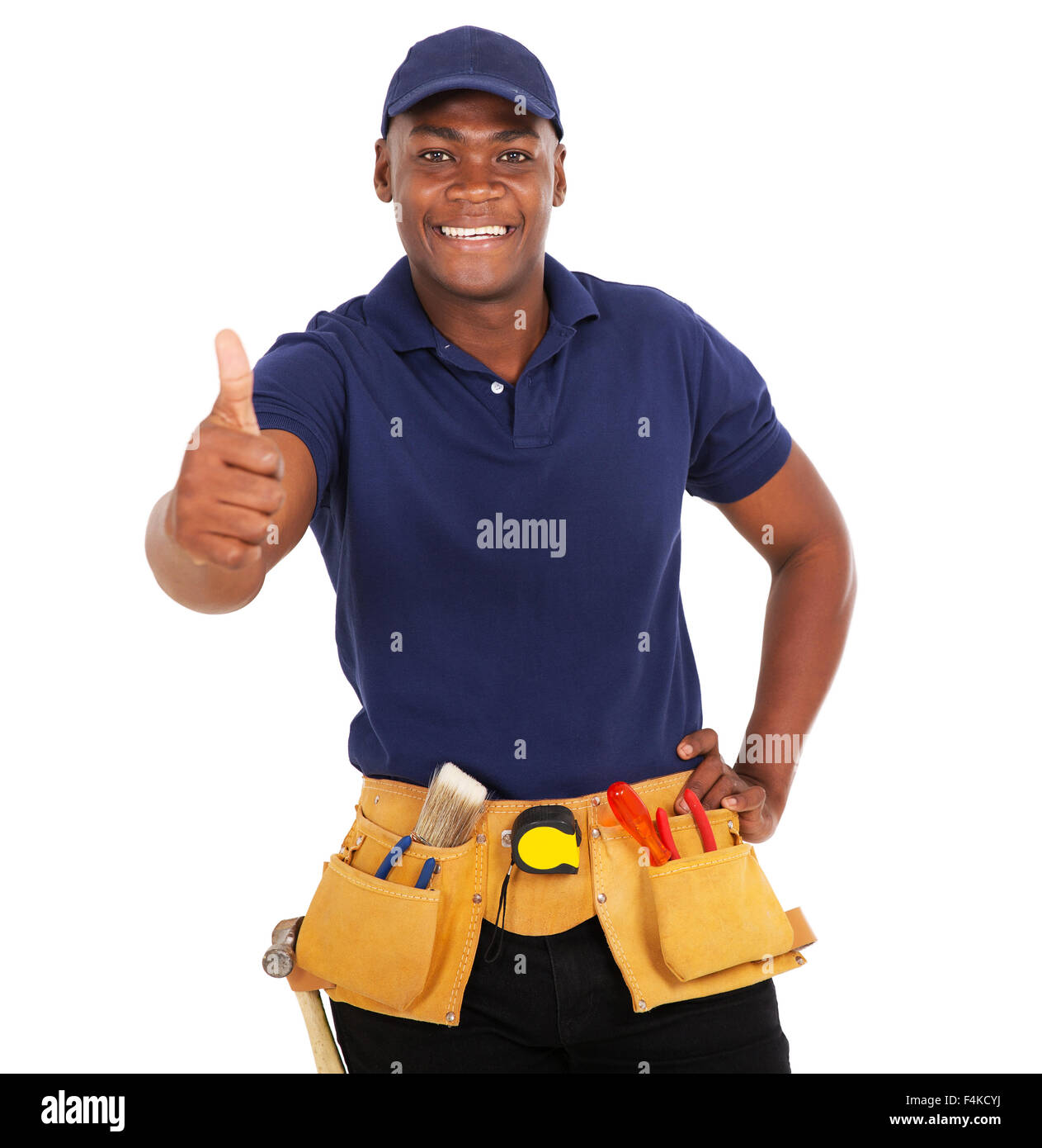 happy black handyman giving thumb up on white background Stock Photo ...