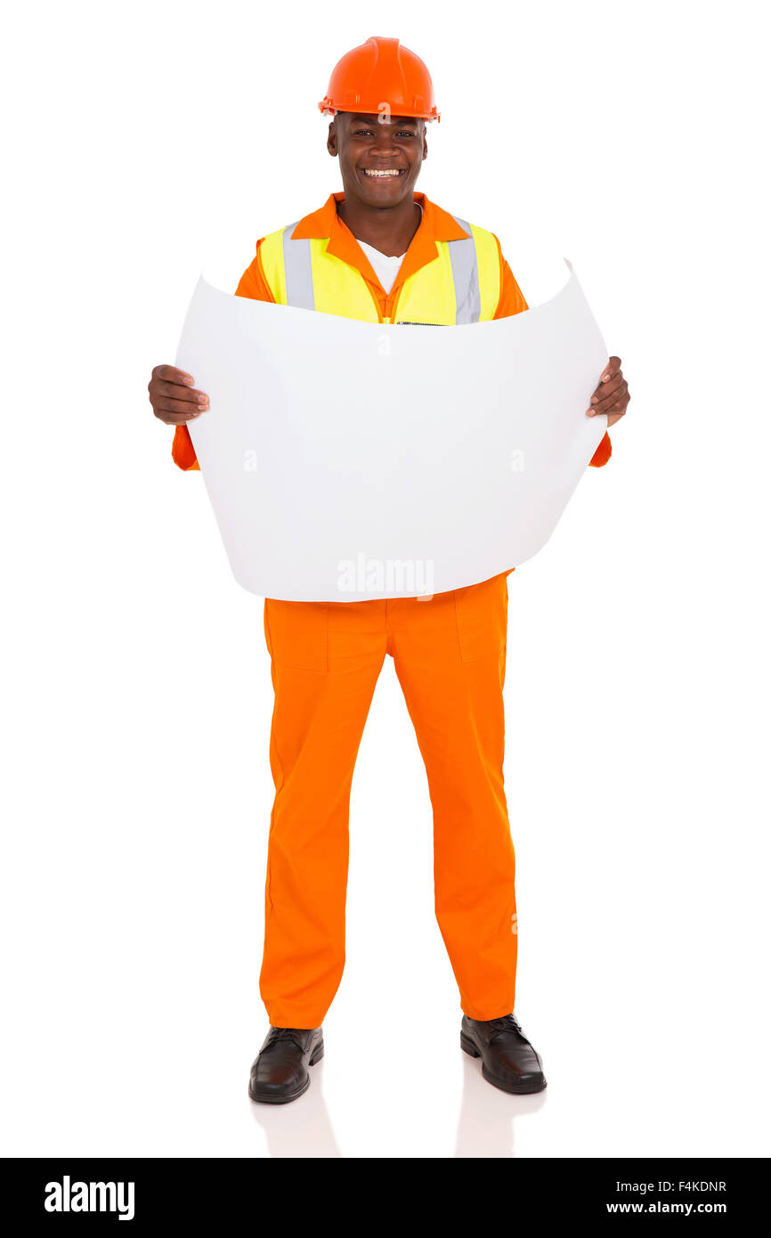 handsome African contractor holding blue print Stock Photo - Alamy