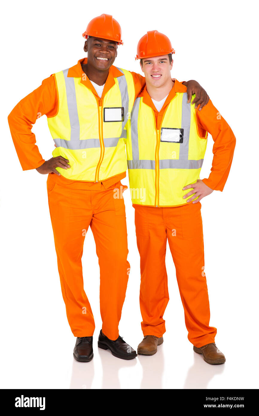 professional young contractors standing on white background Stock Photo ...