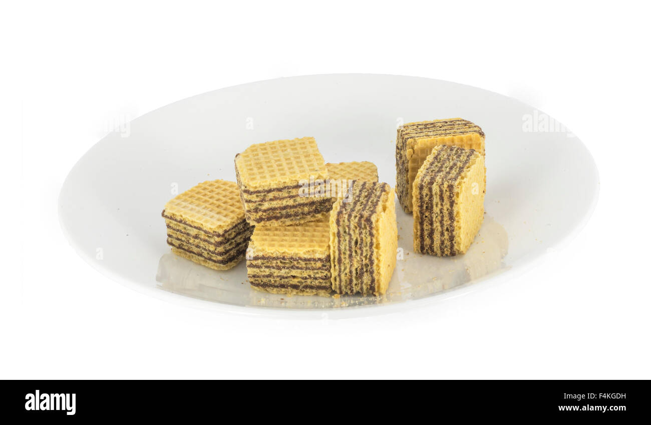 Chocolate wafer cubes on the plate with isolated white background Stock ...