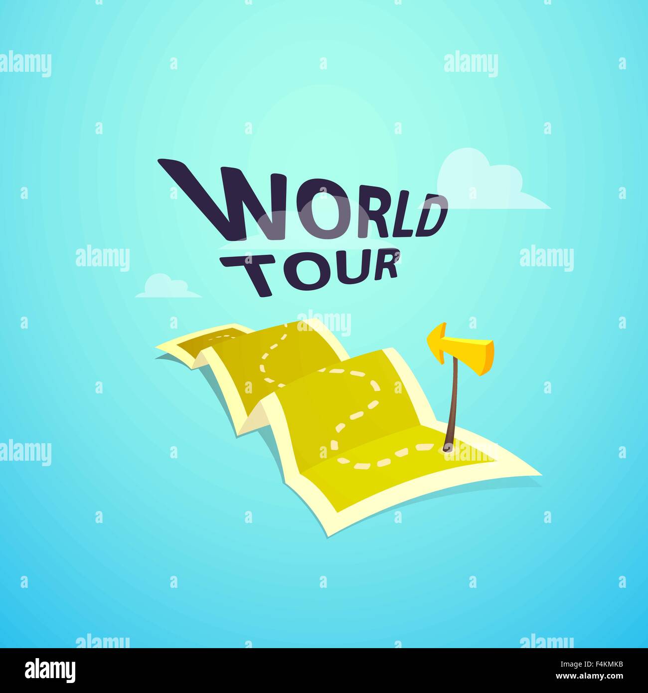 World tour concept logo, long route in travel map with guide marker ...