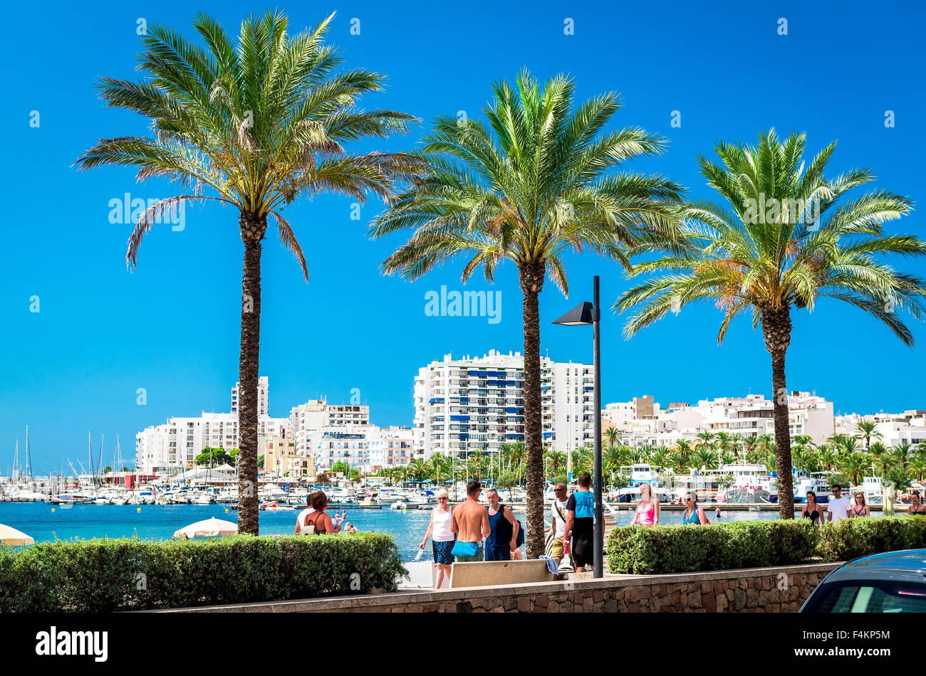 People walking along the seafront palm-lined promenade in sunny day ...