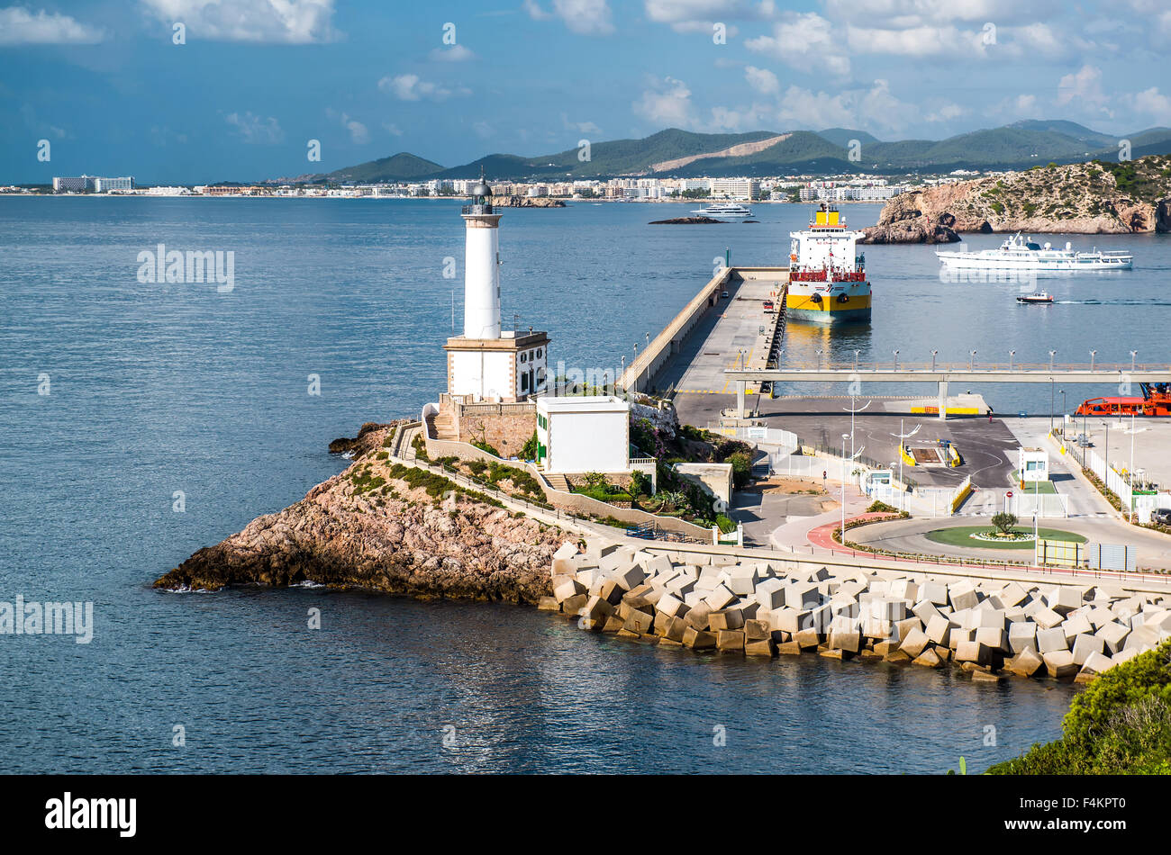 Lighthouse and port of Ibiza town, Balearic Islands. Spain Stock Photo ...