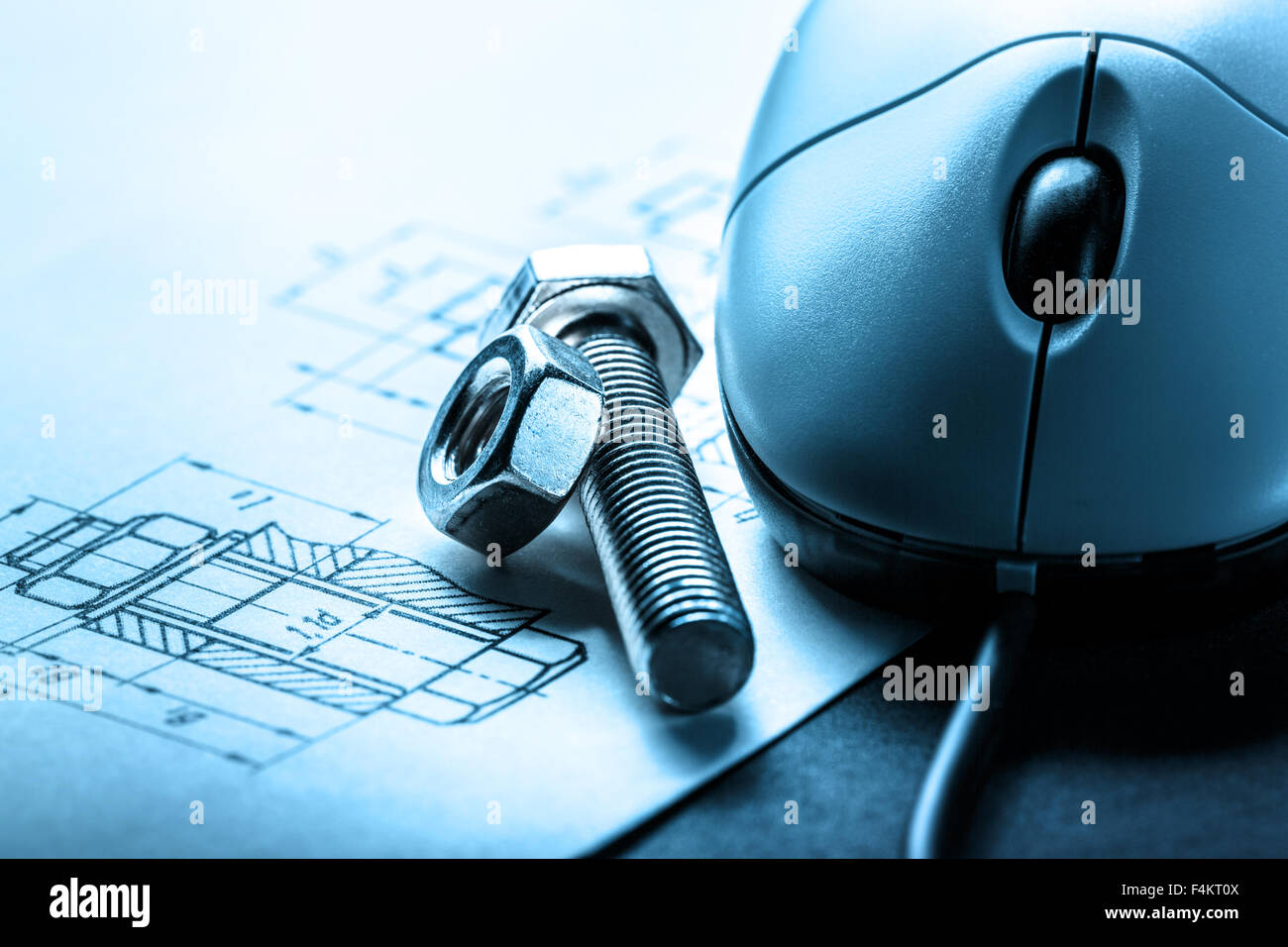 Drafting, mouse and screw bolt with nut Stock Photo - Alamy