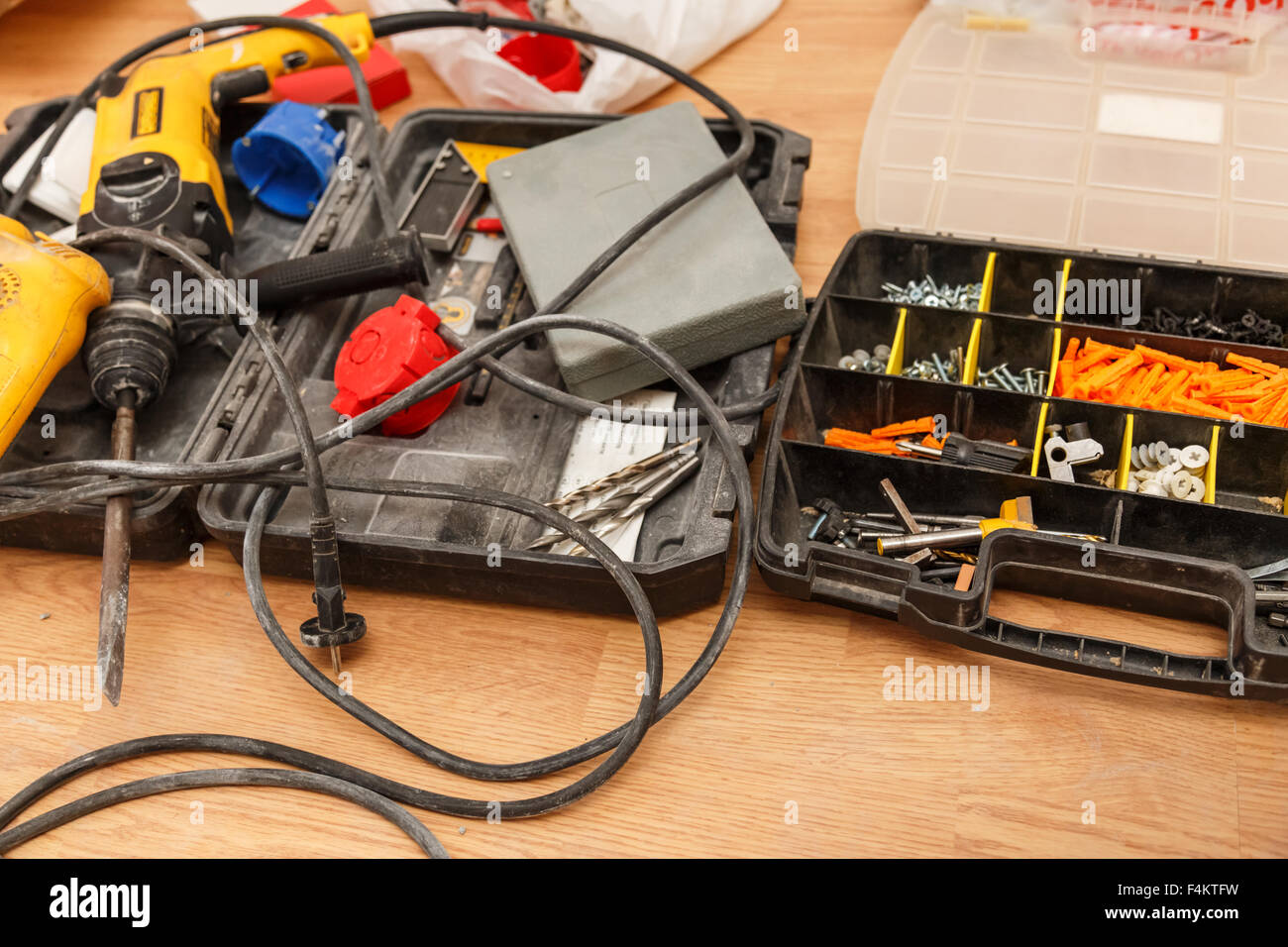 Tool box and set of screws and dowels Stock Photo - Alamy