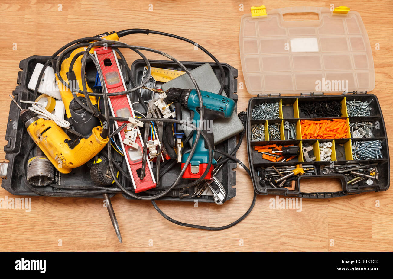 Tool box and set of screws and dowels Stock Photo - Alamy