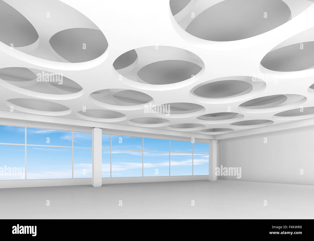 Empty white interior background with round holes pattern on ceiling and ...