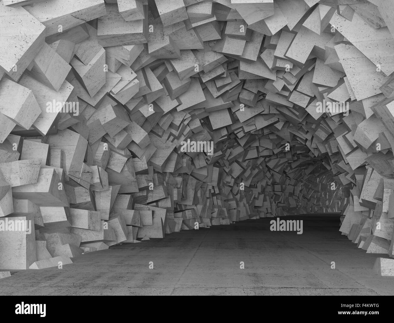 Turning concrete tunnel interior with walls made of chaotic blocks. 3d ...