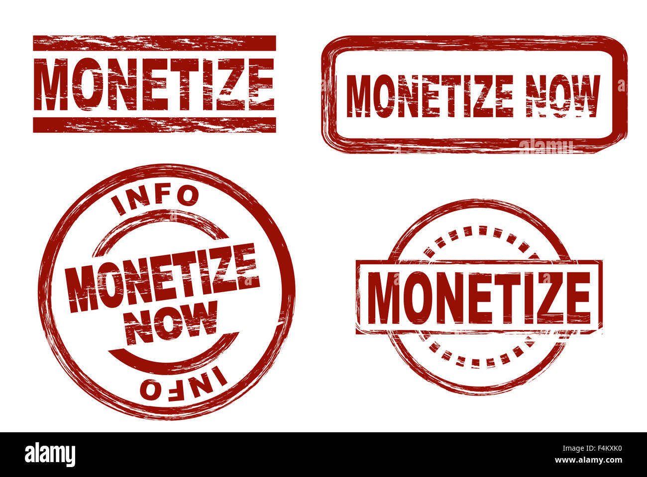 Set of stylized red stamps showing the term monetize. All on white ...