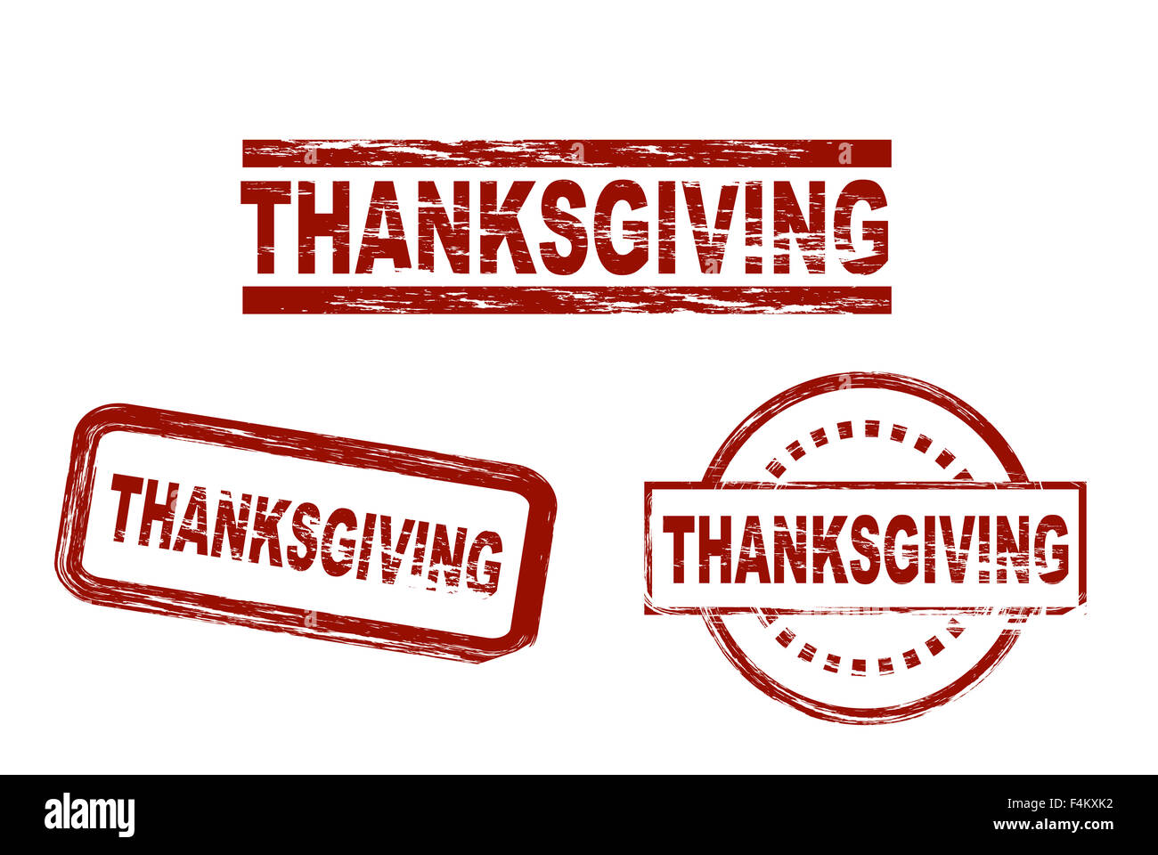 Set of stylized red stamps showing the term thanksgiving. All on white ...