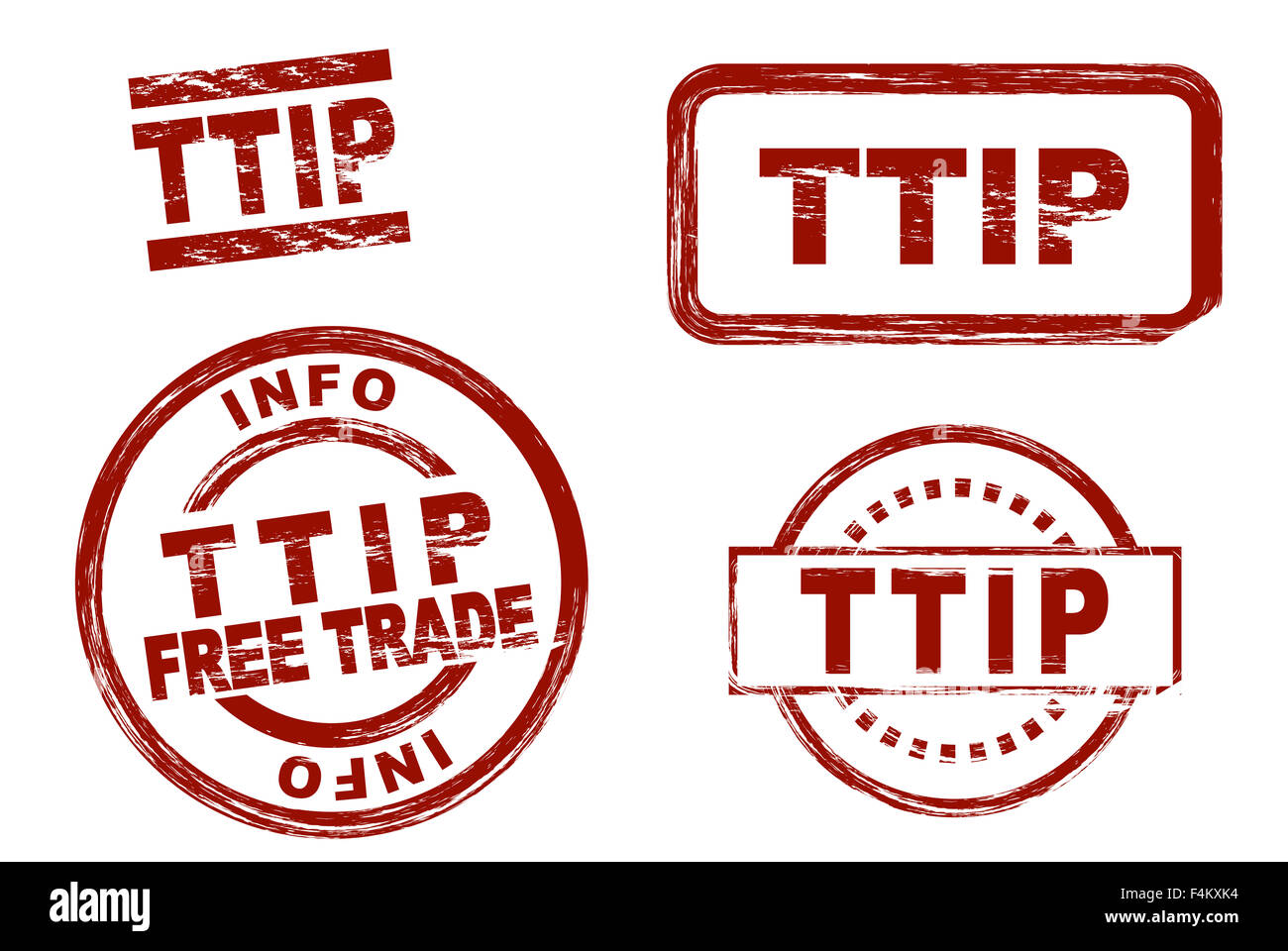 Set of stylized red stamps showing the term TTIP. All on white ...
