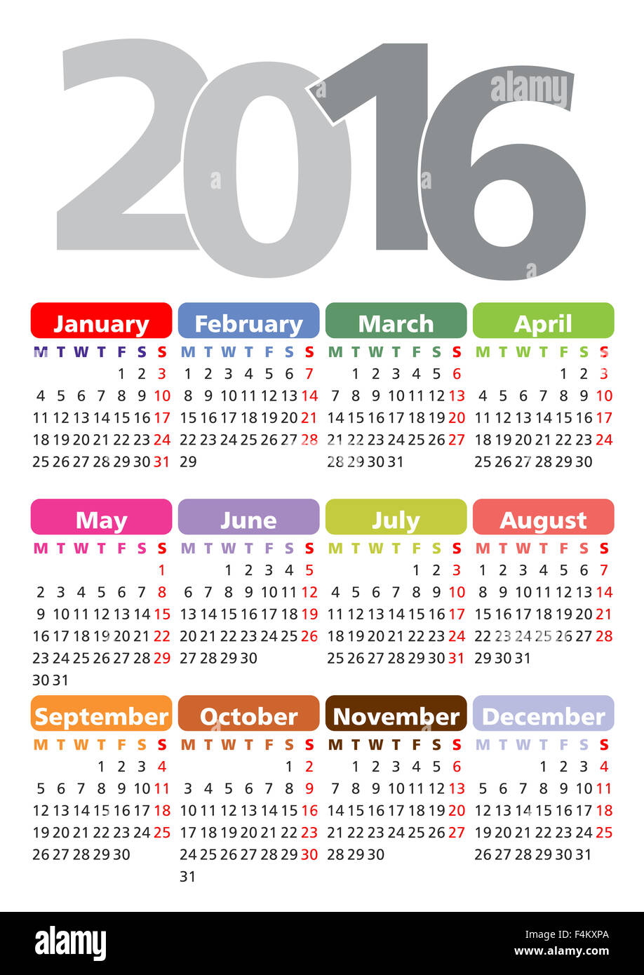 Vector calendar for 2016, week starts on Monday Stock Photo - Alamy