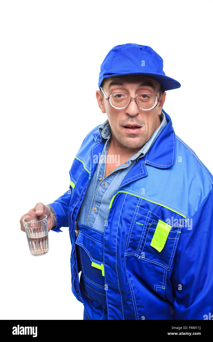 adult drunk mechanic working with glass of alcohol Stock Photo - Alamy