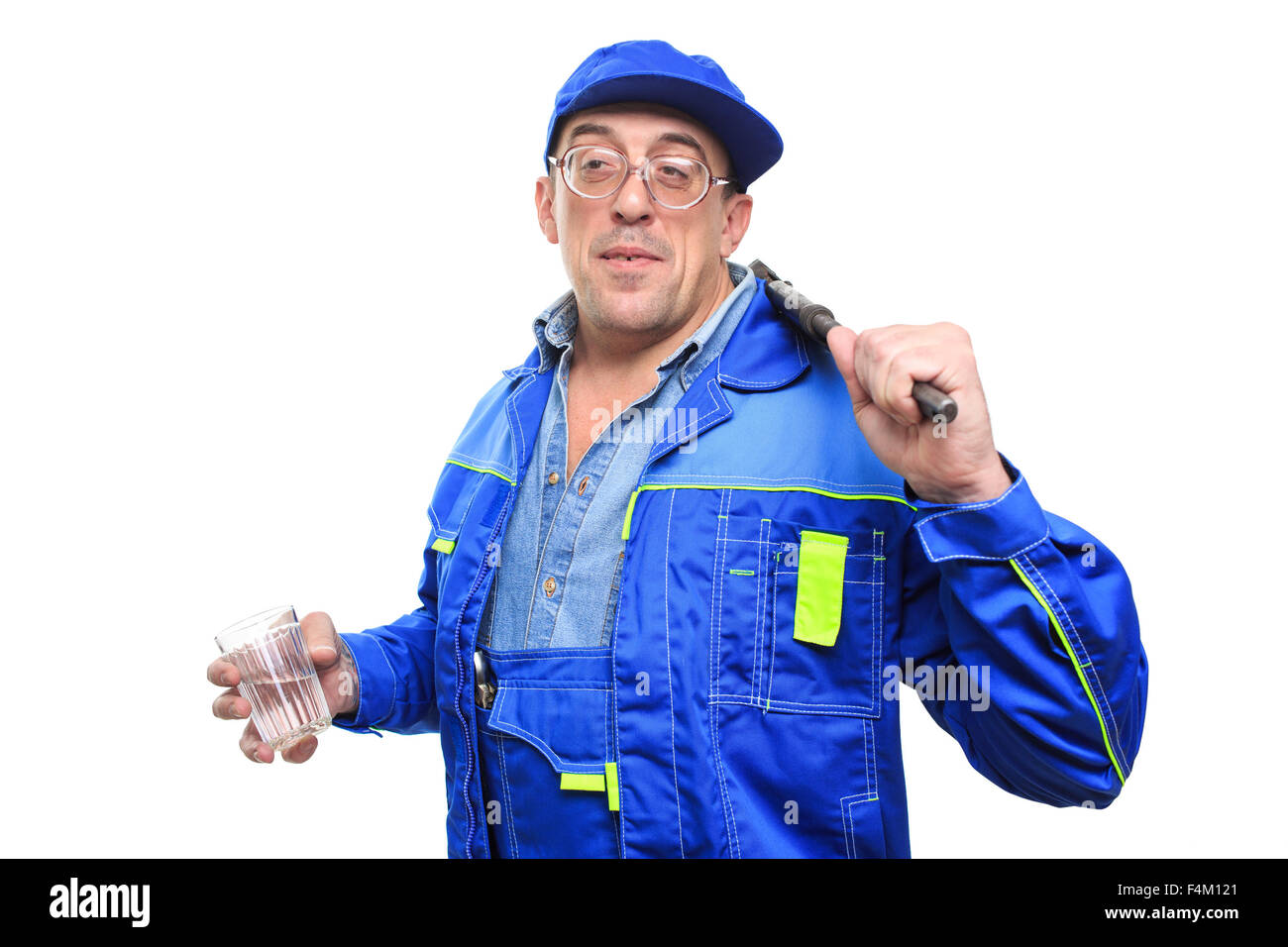 adult drunk mechanic working with glass of alcohol Stock Photo - Alamy