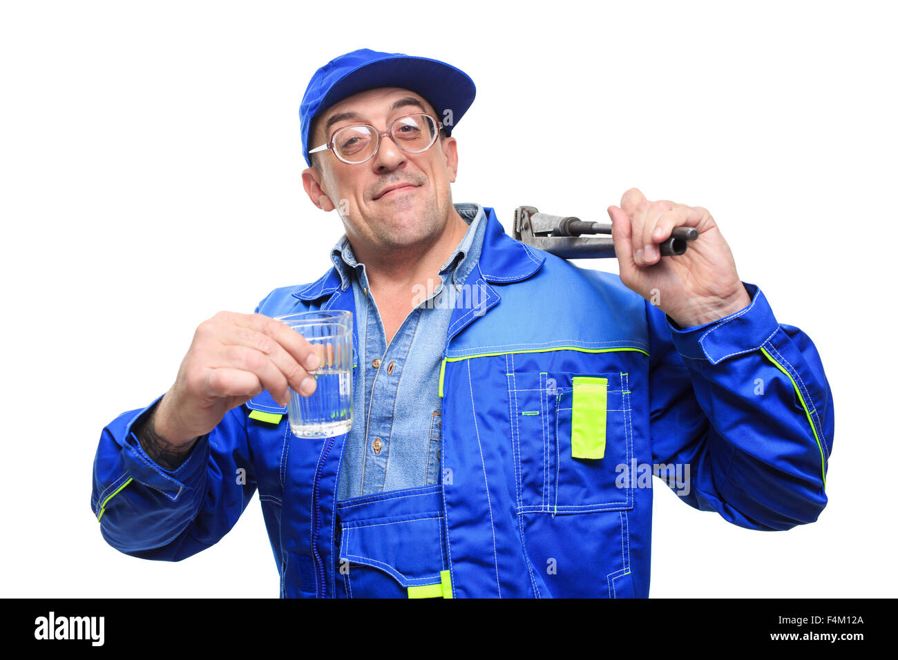 adult drunk mechanic working with glass of alcohol Stock Photo - Alamy