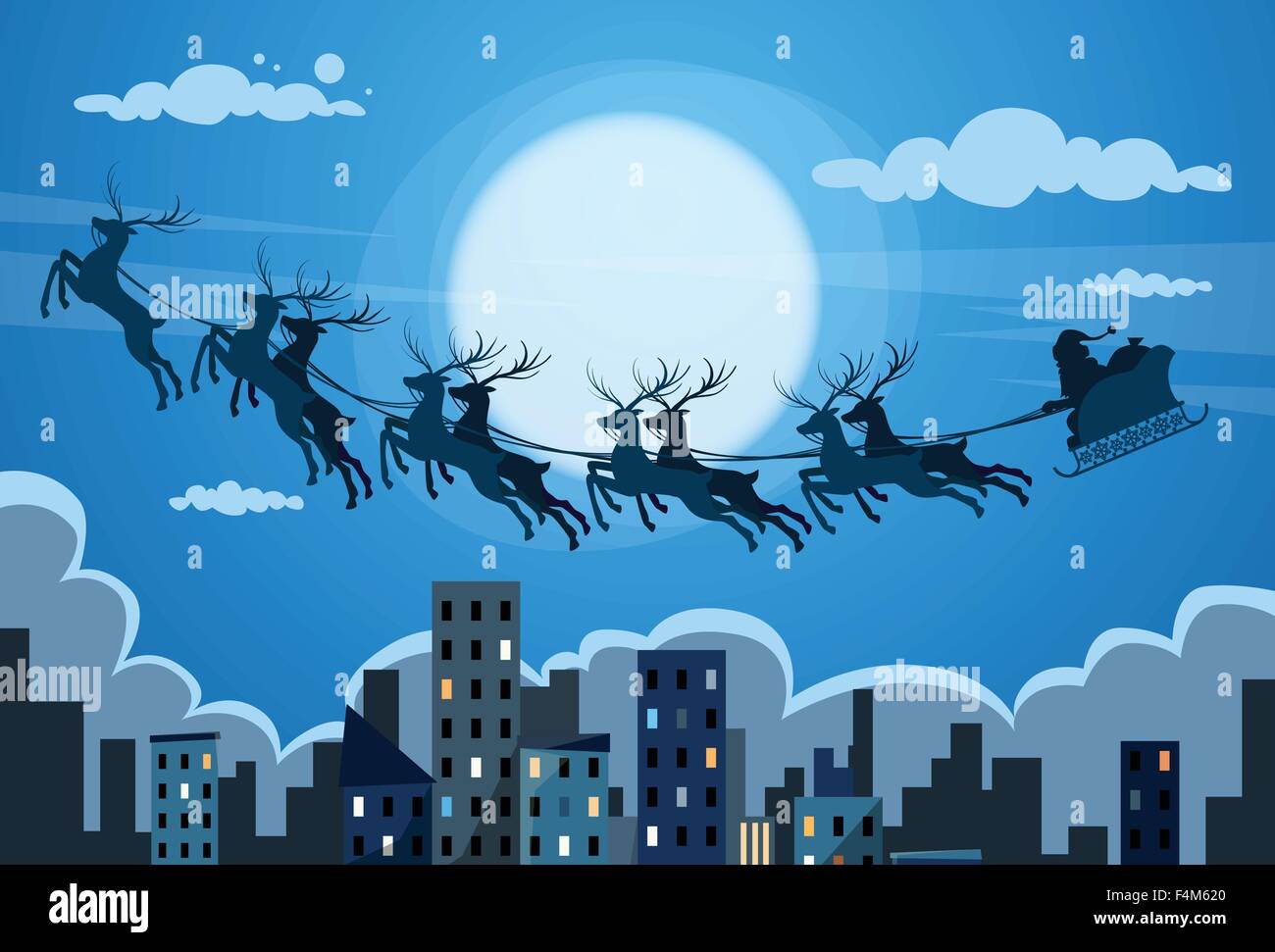 Santa Claus Sleigh Reindeer Fly Sky over City Skyscraper Night View Cityscape Snow Skyline ...