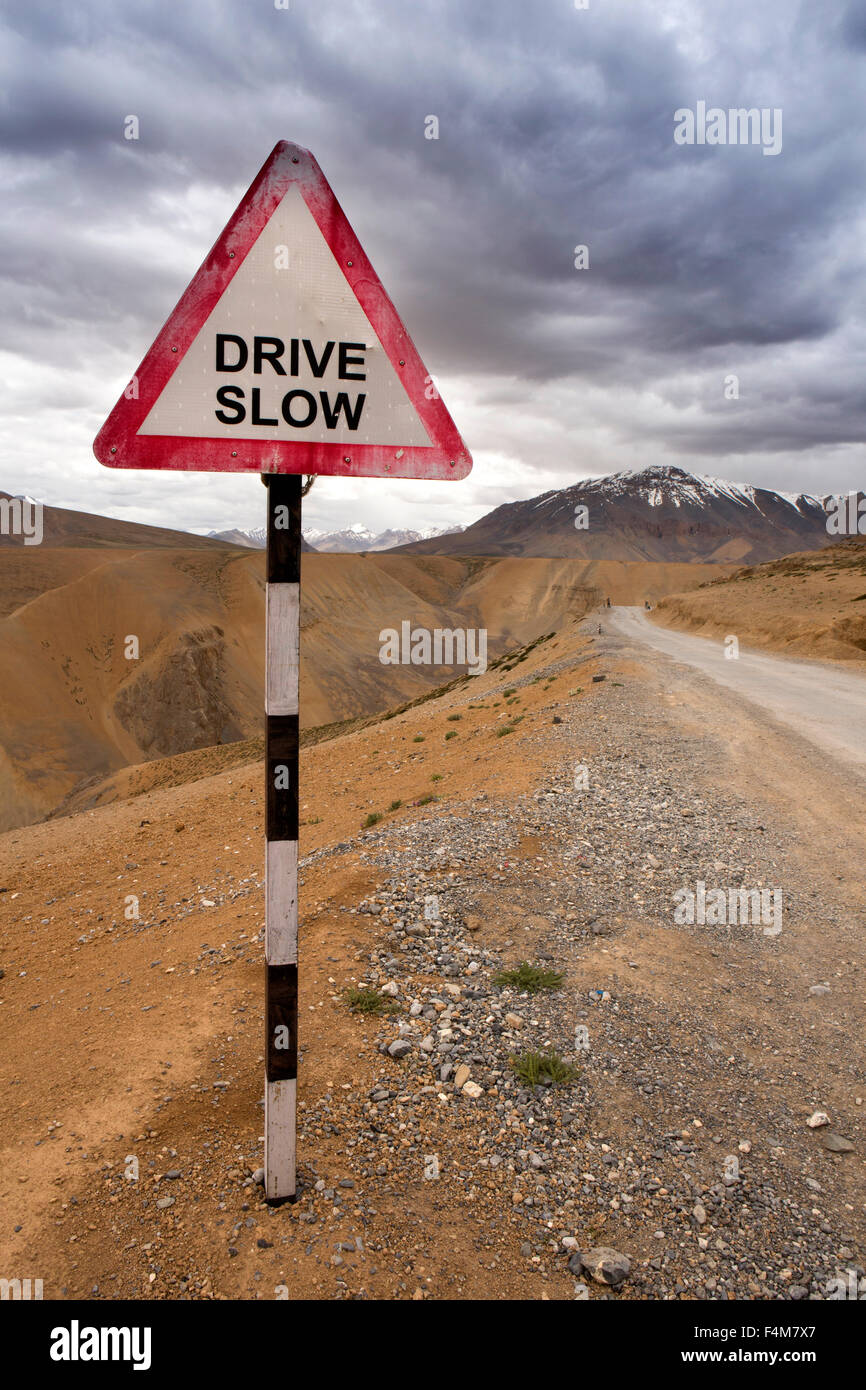 India, Jammu & Kashmir, Ladakh, Changtang, drive slow warning road sign ...