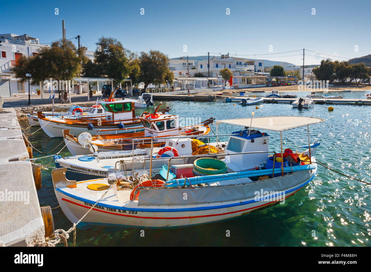 Harbour and village seafront of Pollonia in Milos island, Greece Stock ...