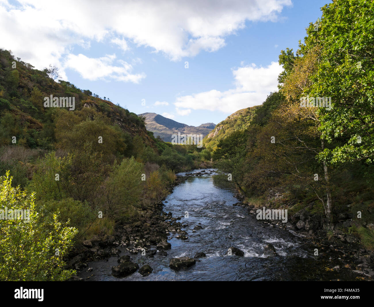 River Glaslyn running out Llyn Dinas Snowdonia National Park Gwynedd ...