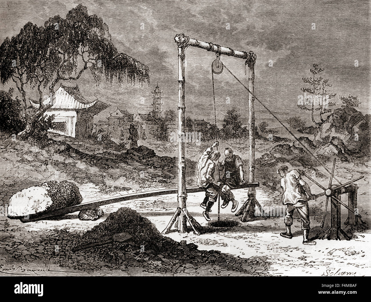 Chinese workers in the 19th century digging a well for the extraction ...