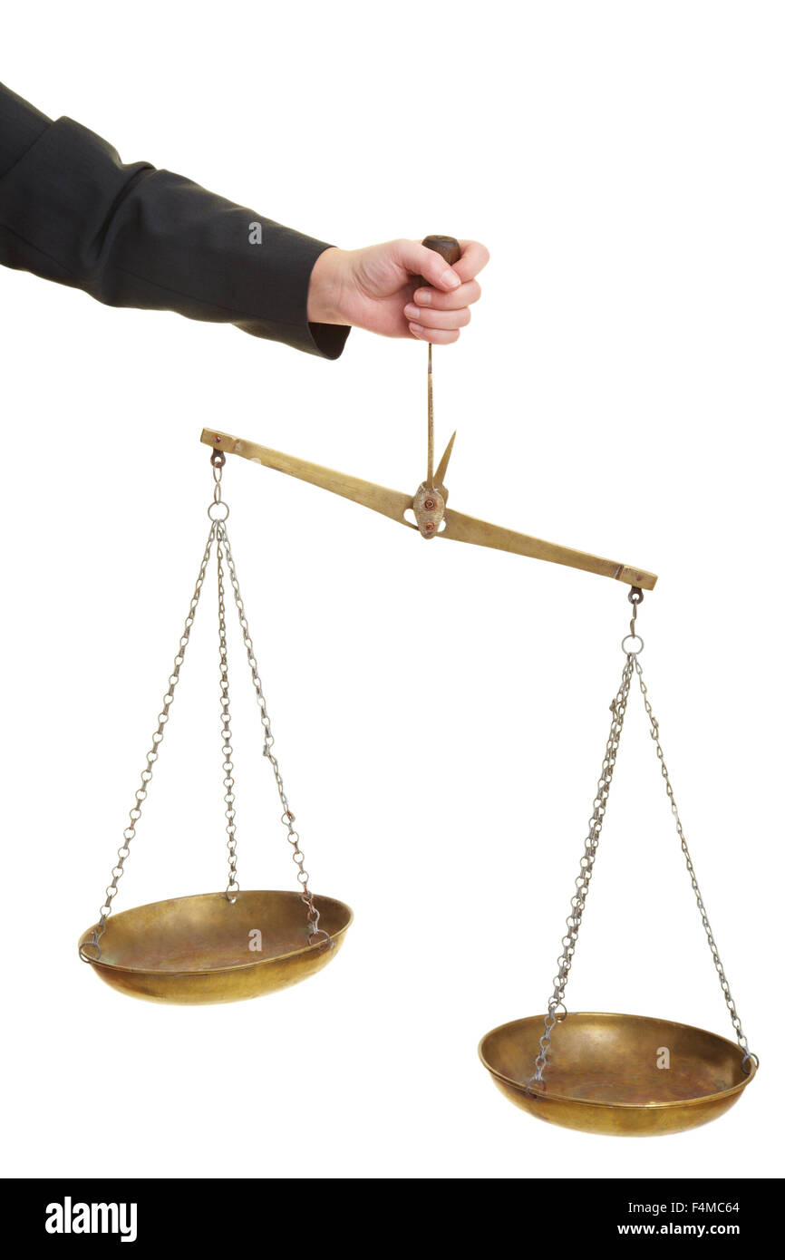 Hand holding a scale with two scale pans Stock Photo - Alamy