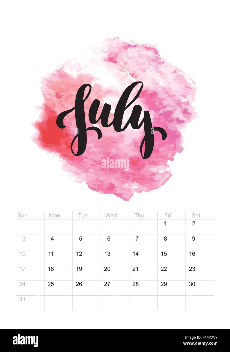 Calendar with watercolor paint 2016 design. Vector illustration Stock ...