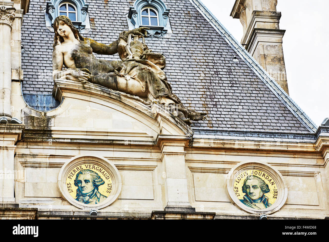 Close up view of the decorative details of the town hall building in ...
