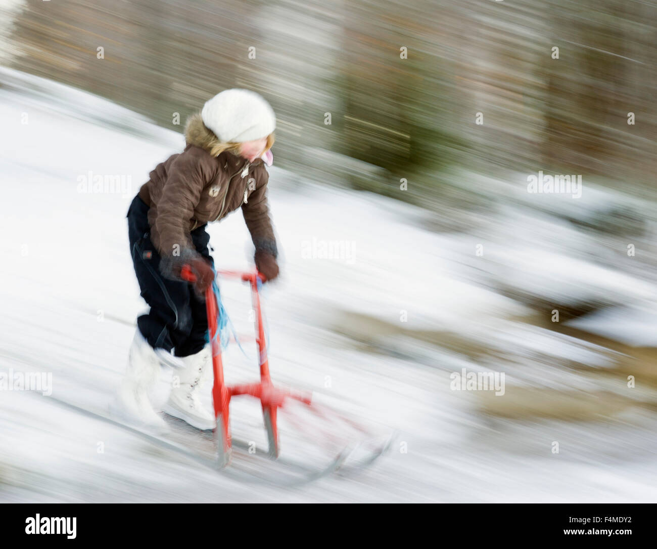 Young girl on kick-sled Stock Photo - Alamy