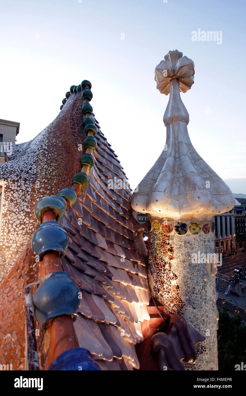 Casa Batlló from the architect Antoni Gaudí. Roof details at the ...