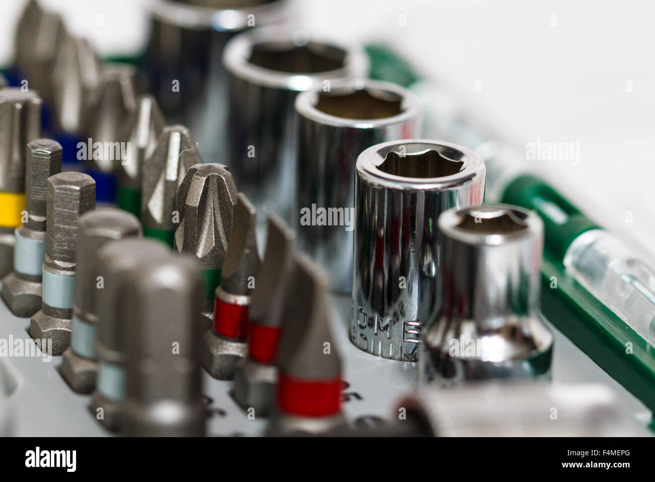 Metal working tools. Metalwork. Box, saw, spanner and others tools on ...