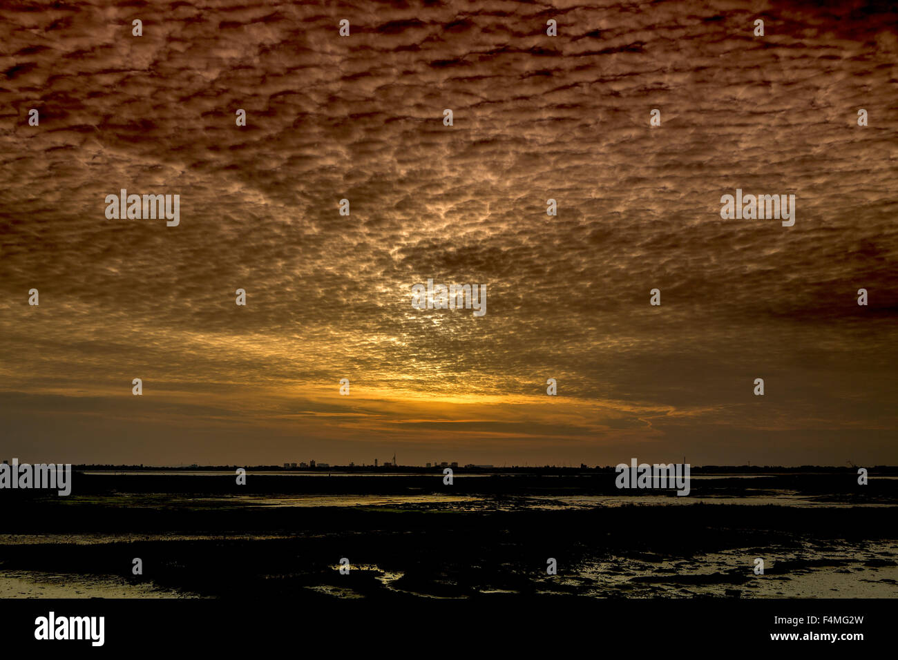 Red sky at night.. Very red sunset across the marshland at Langstone ...