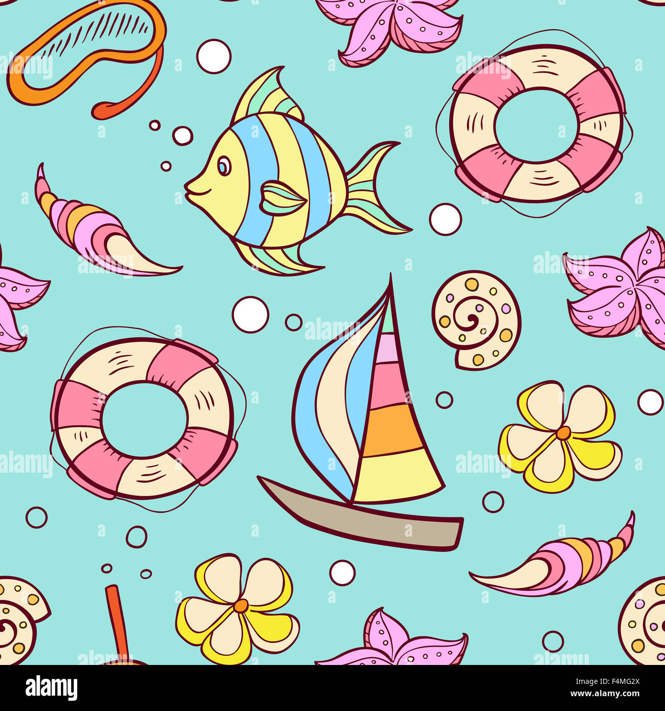 Summer marine seamless pattern with boat, fish and lifebuoy Stock Photo ...