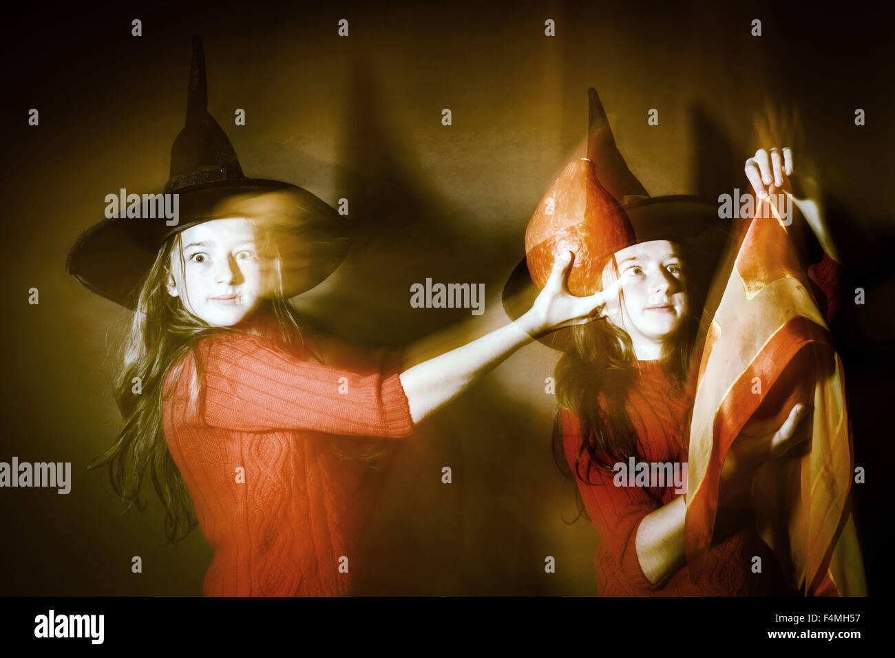 Halloween mystic photo with mixed light. Teenage girl multi-portrait ...