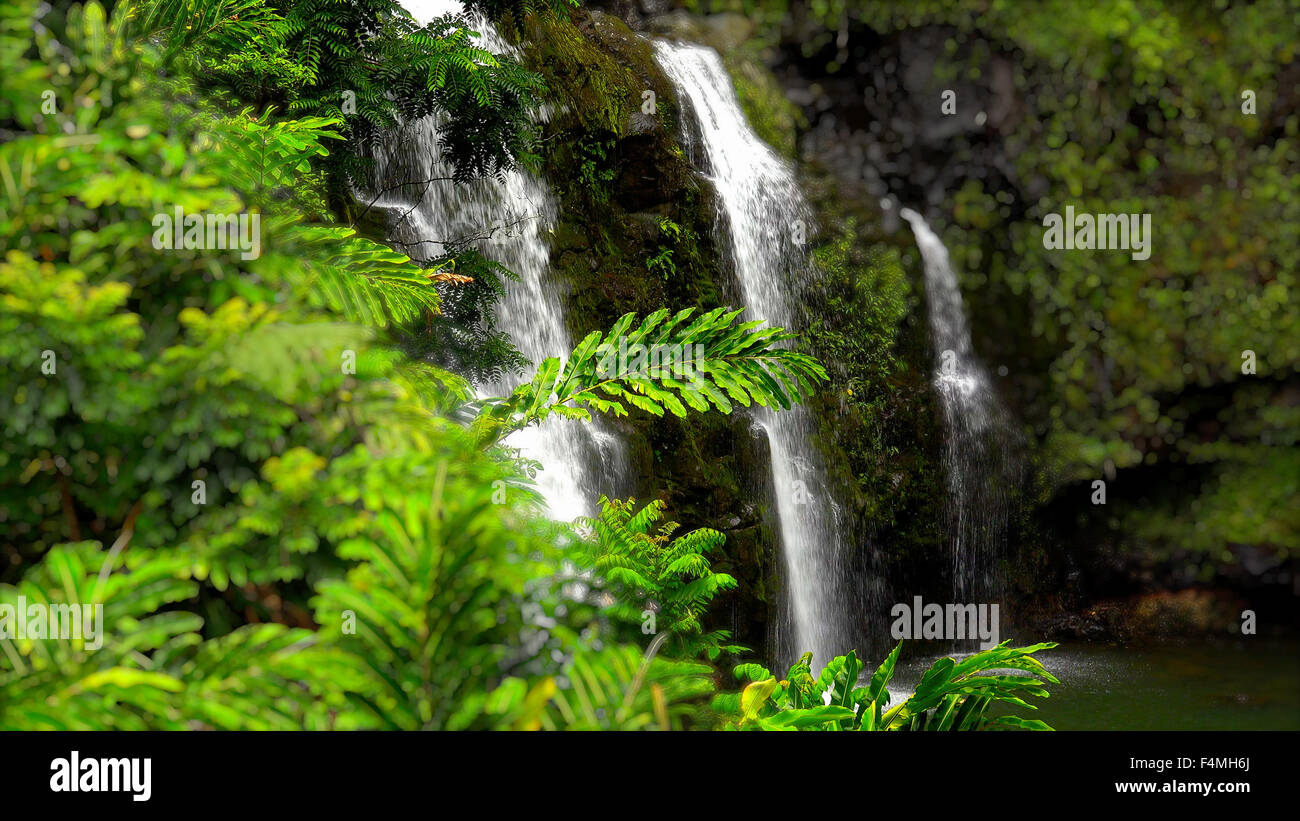 Upper Waikani Falls or Three Bears Falls along the road to Hana on the ...