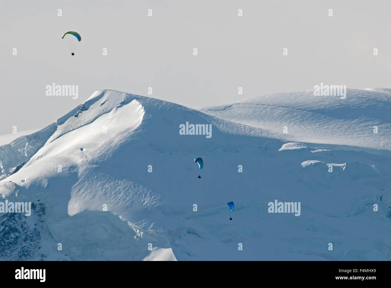 3 Para gliders soaring over the snow and glacier clad peaks of the the ...