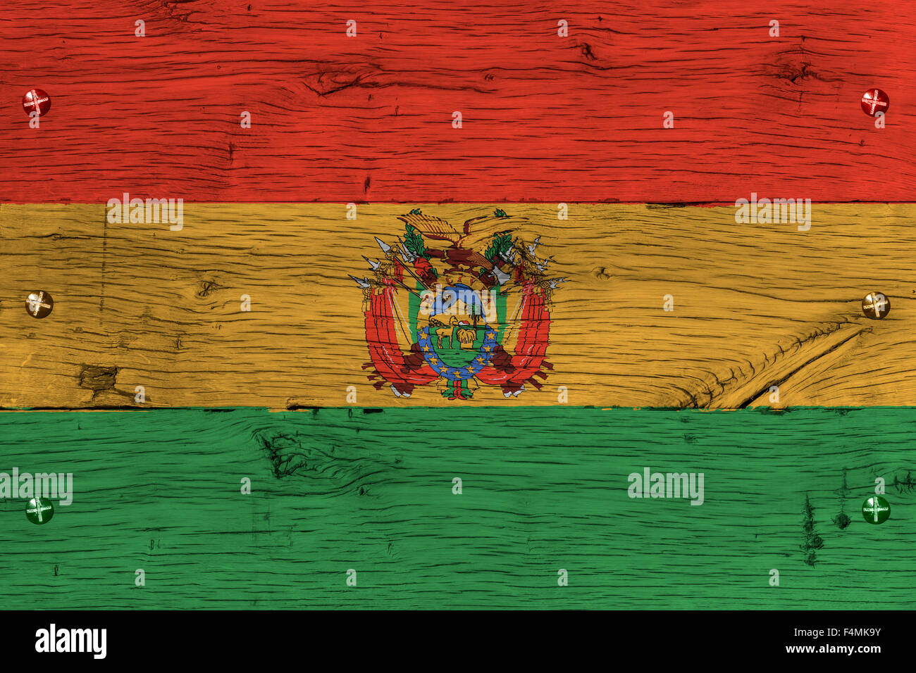 Bolivia national flag with coat of arms or crest. Painting is colorful ...