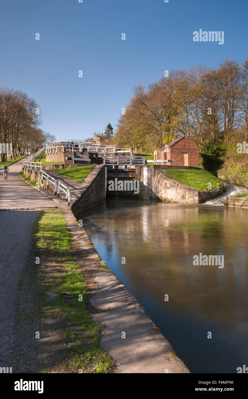 Scenic sunny spring view, looking up the flight of lock gates - Bingley ...