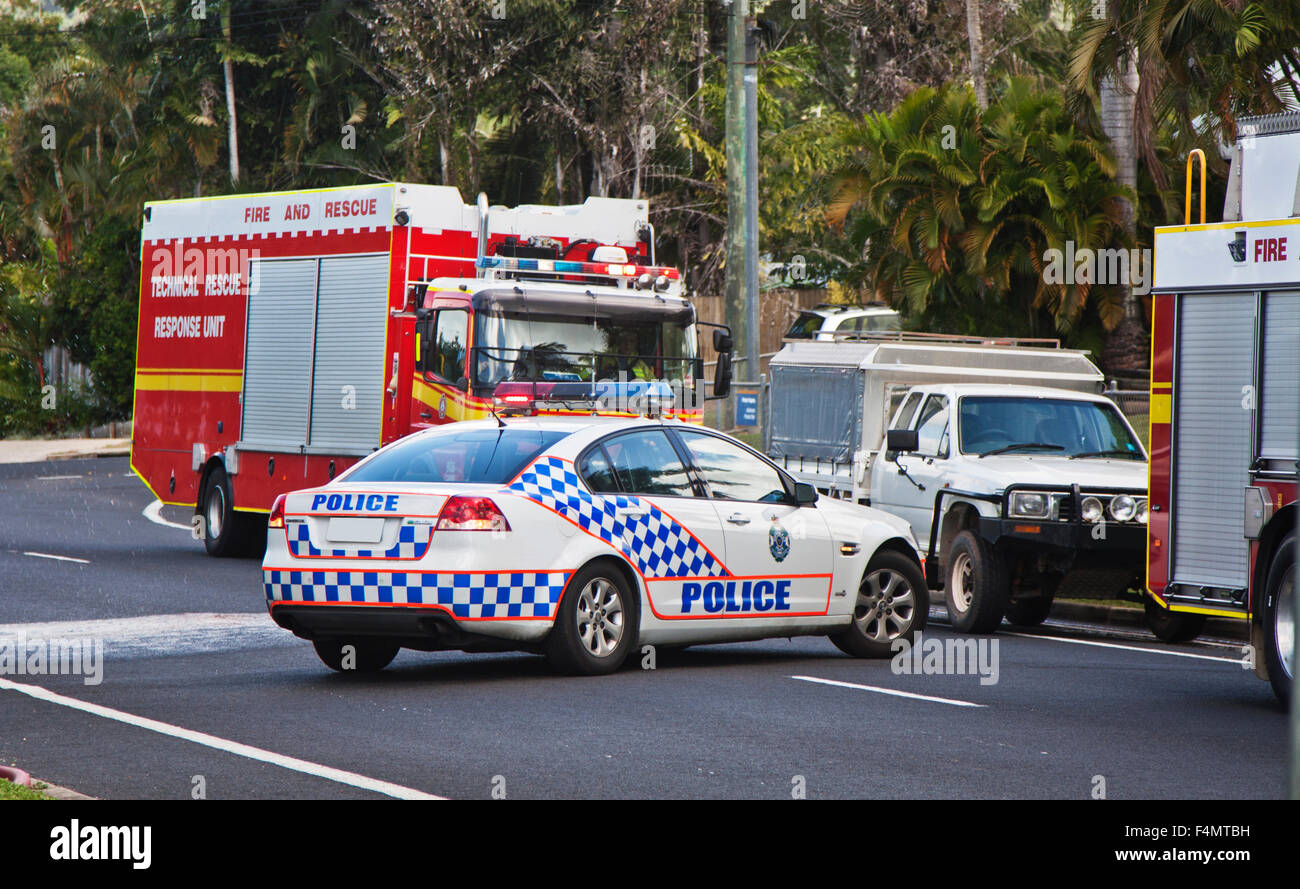 police and fire emergency vehicles at the site of a fire Stock Photo ...