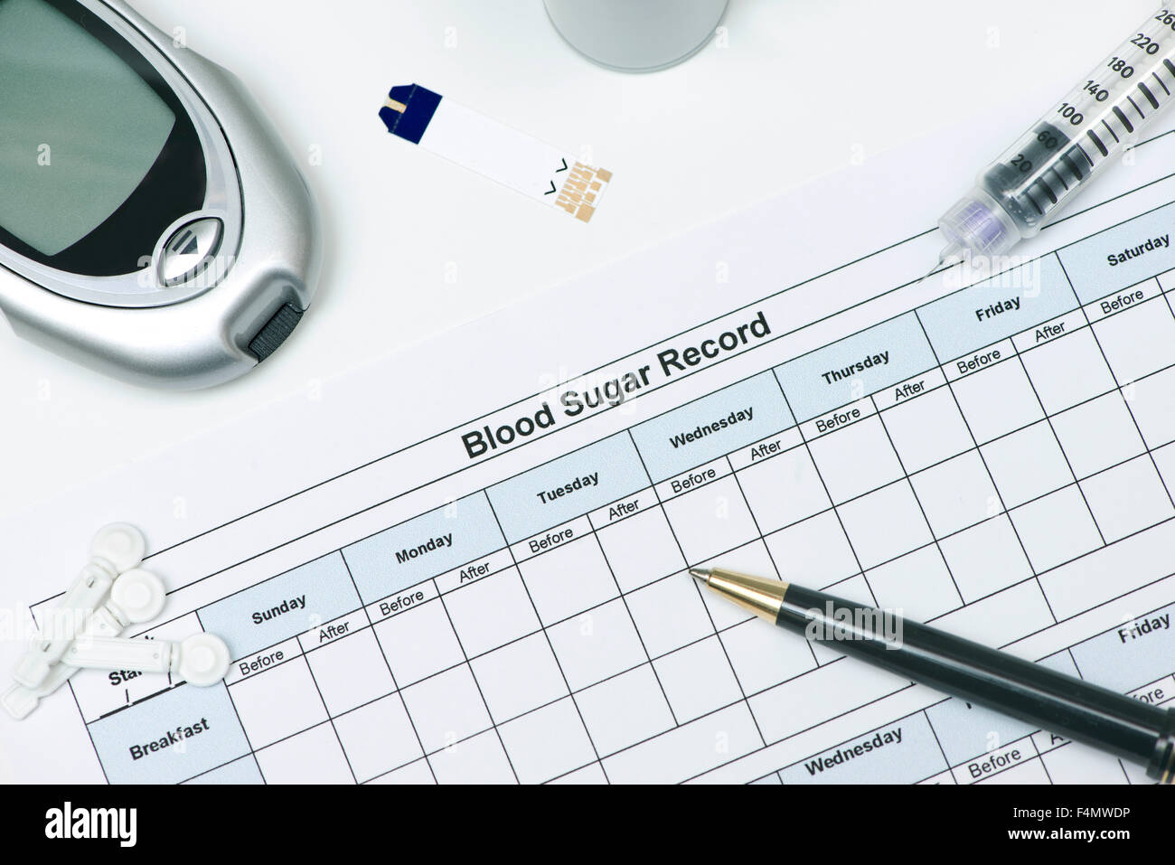 Blood sugar record with insulin pen, glucometer, and lancets Stock ...