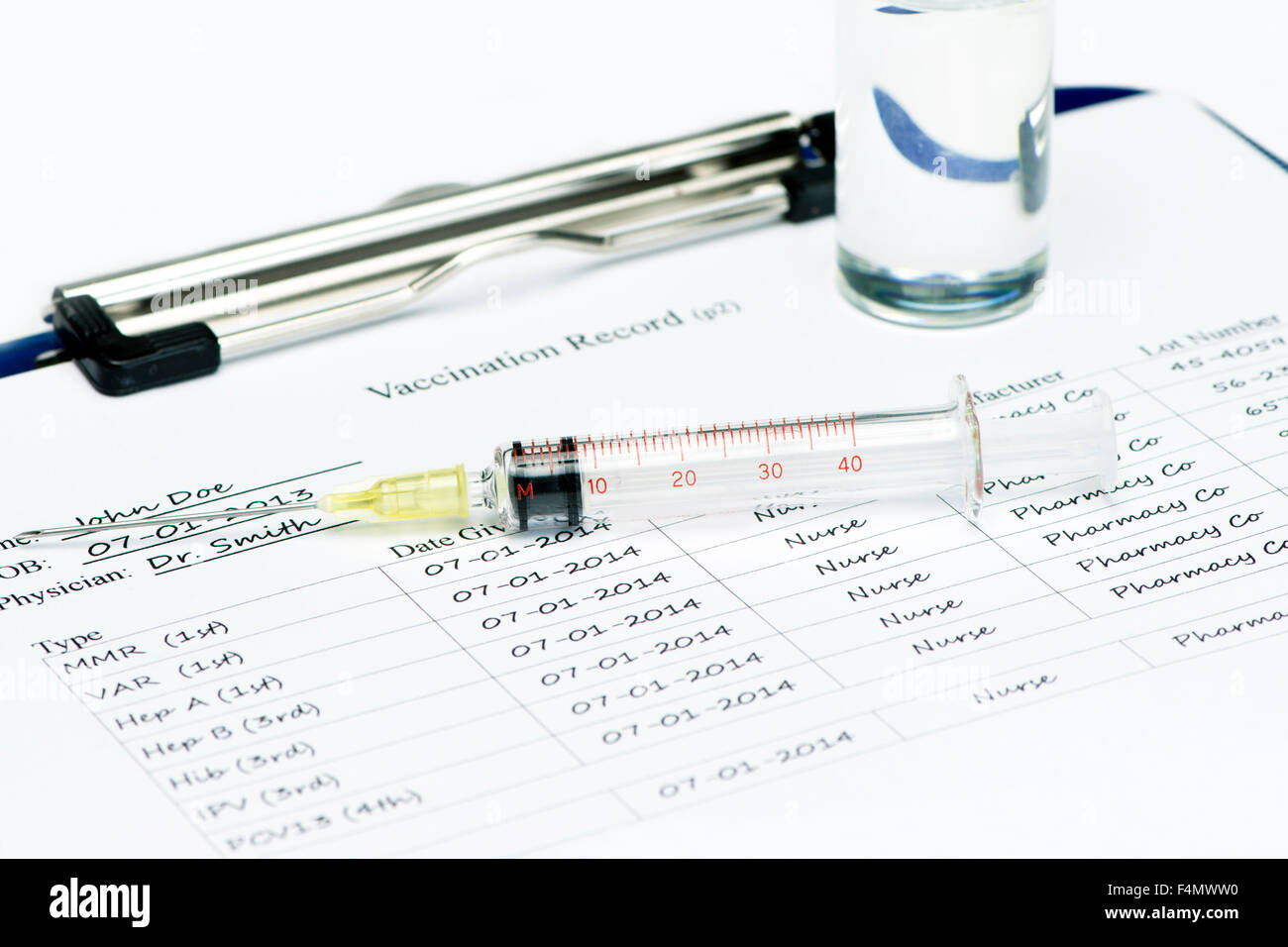 Syringe and medication vial with patient immunization record Stock ...