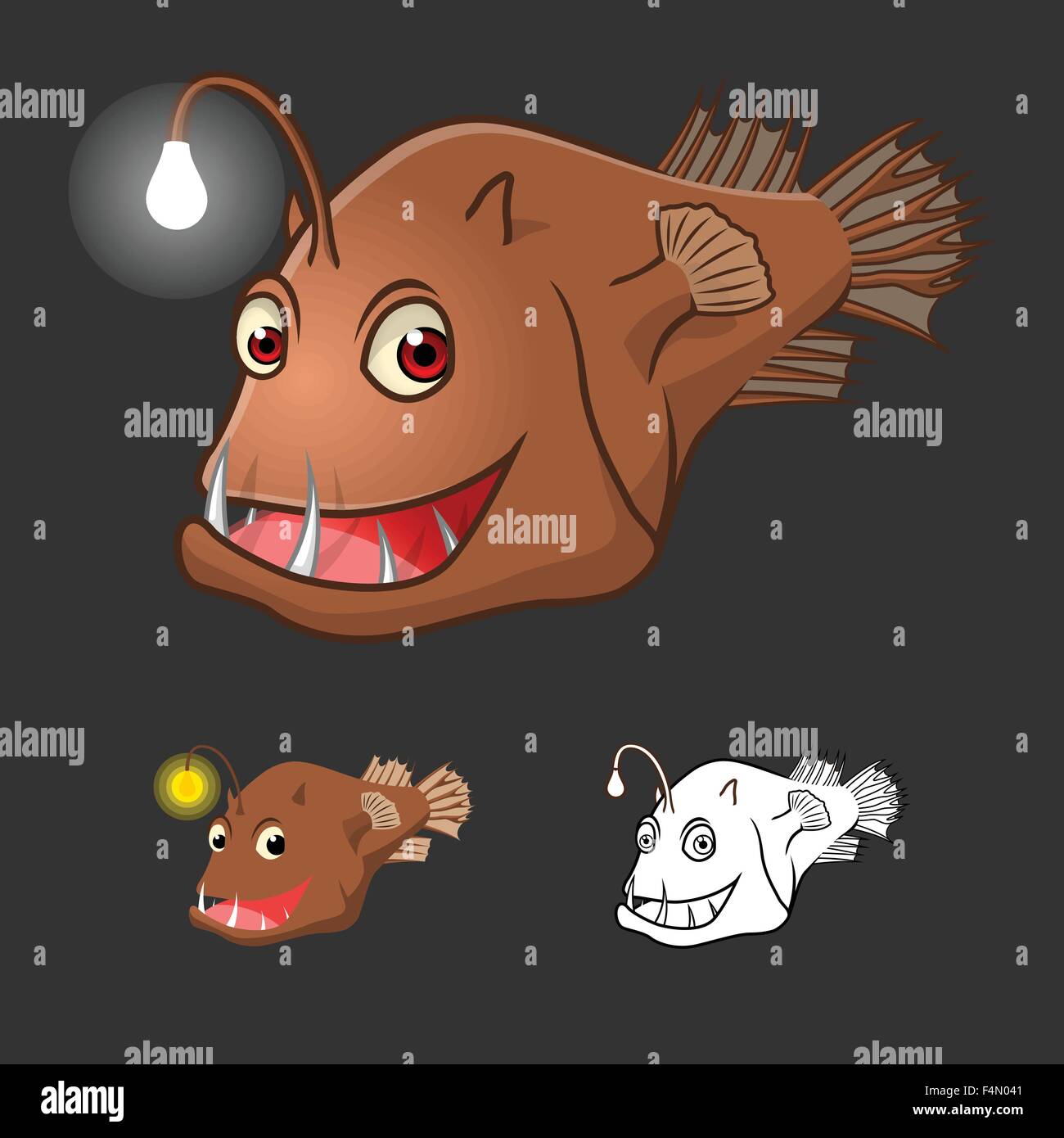 High Quality Anglerfish Cartoon Character Include Flat Design and Line ...