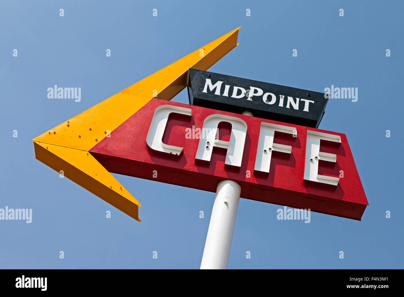 The freshly painted sign for the Midpoint Cafe along Route 66 in Adrian ...