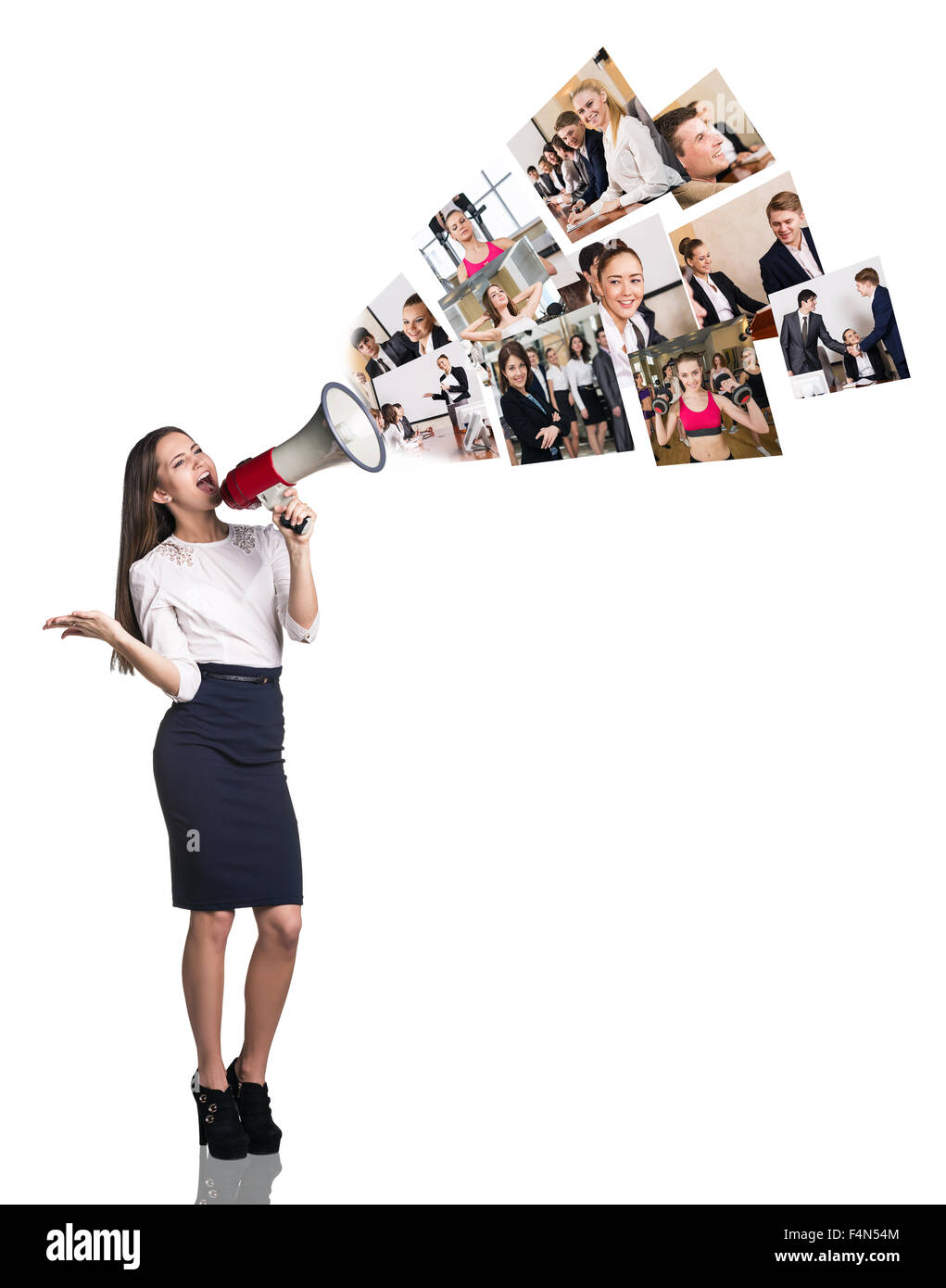 Young woman speak to megaphone Stock Photo - Alamy