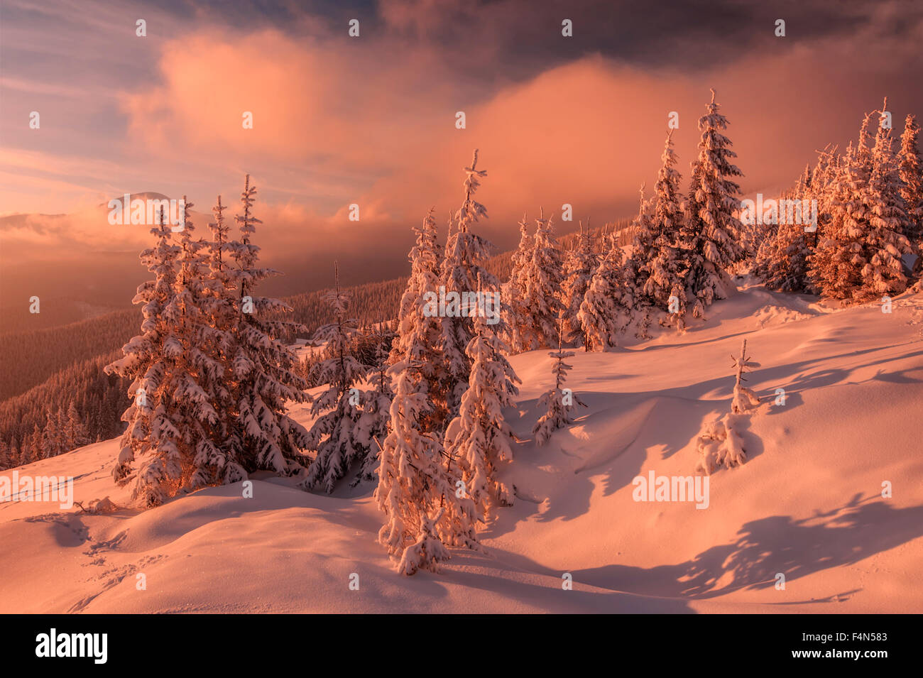 Fantastic orange evening landscape glowing by sunlight. Dramatic wintry ...