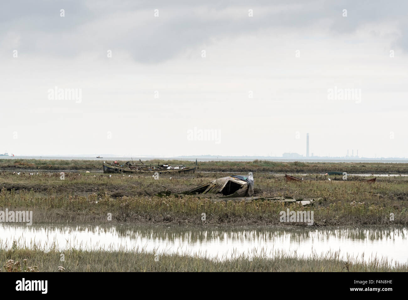 An autumn view across the Leigh on Sea salt marsh across the Thames ...