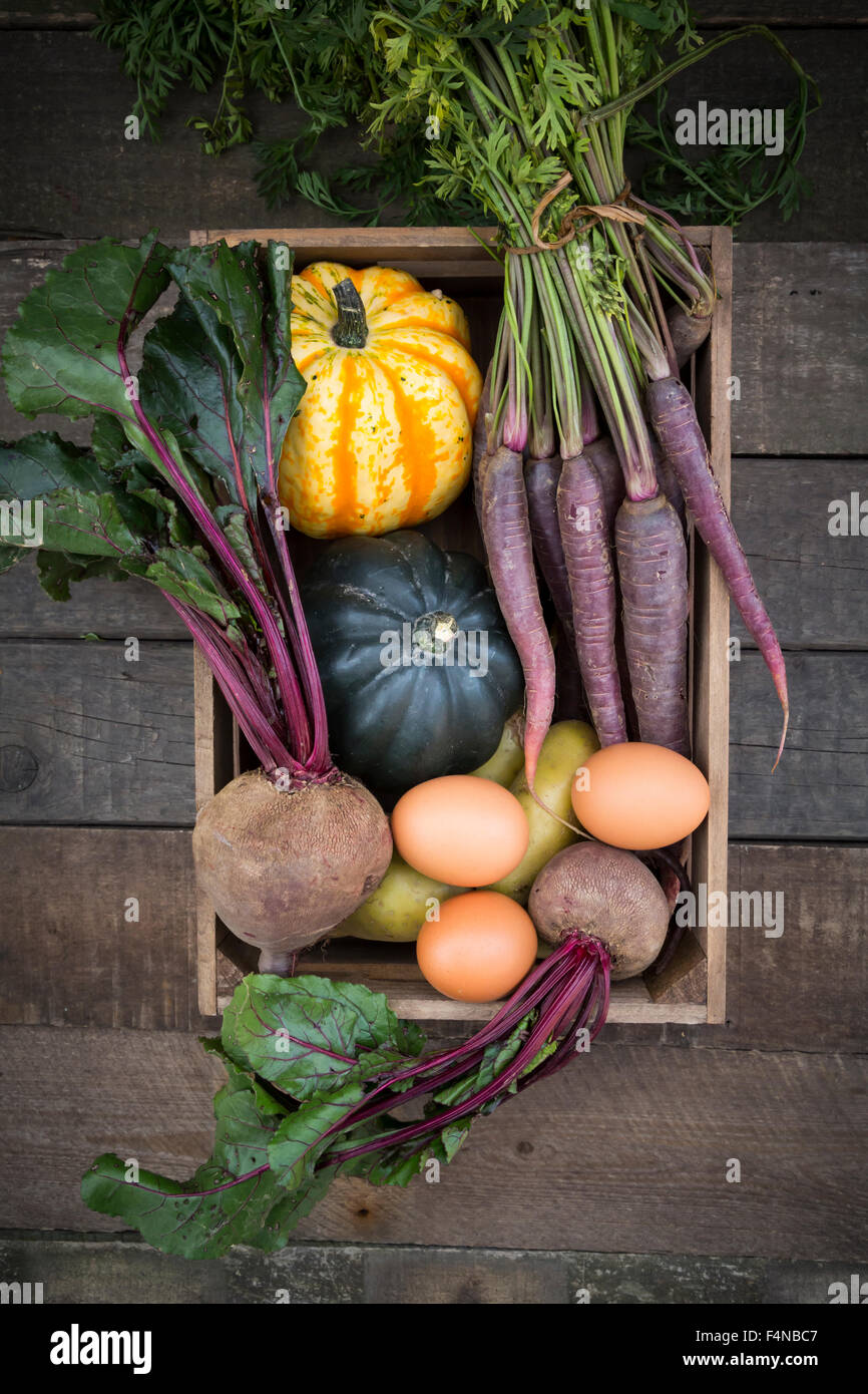 Wooden box of different organic vegetables Stock Photo - Alamy